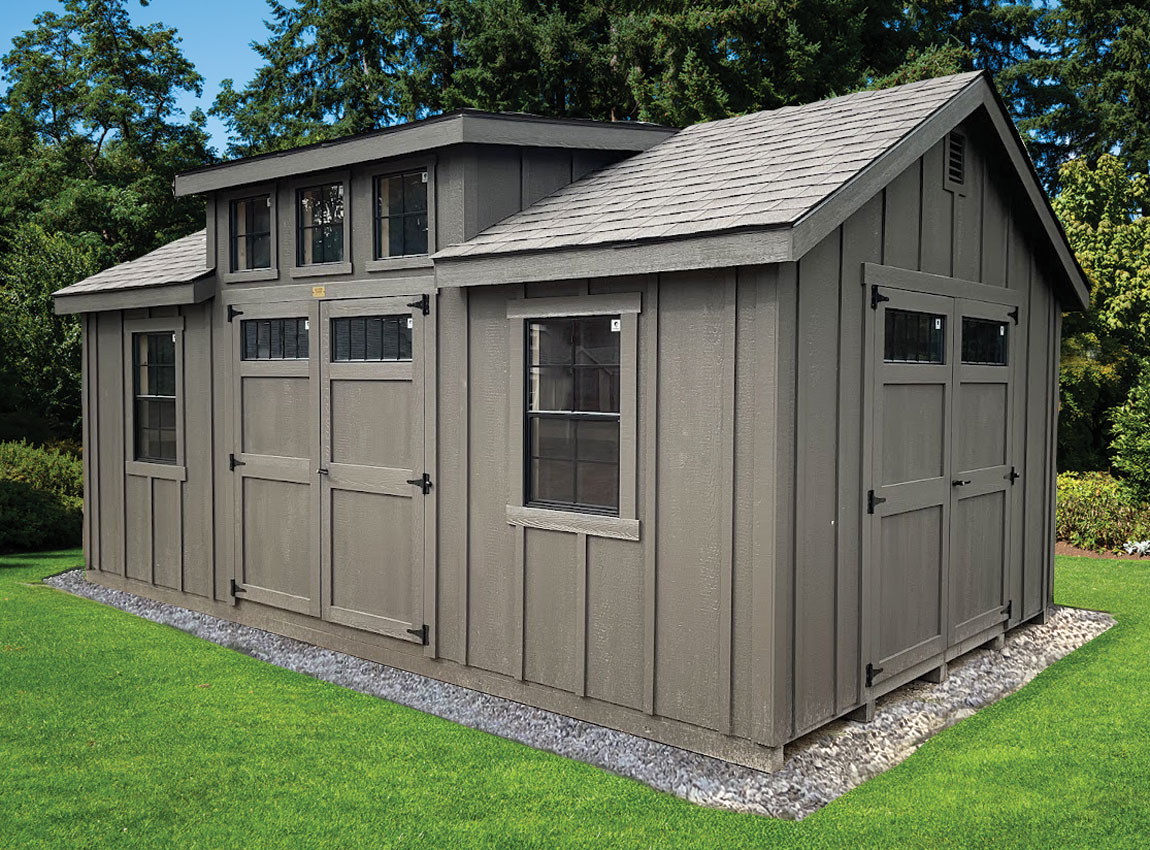 New England Cape Shed with Country Dormer Over Double Doors (T1-11 ...